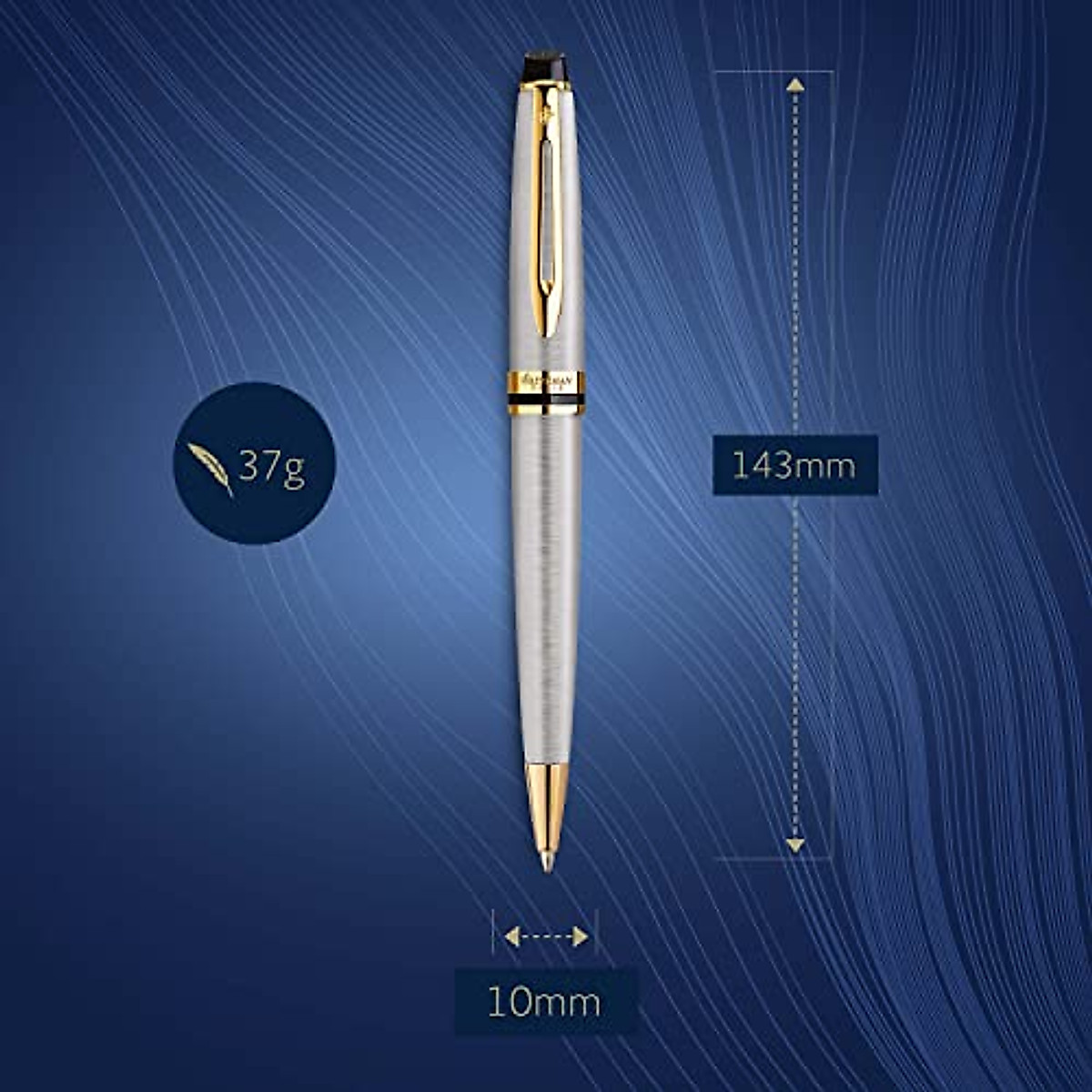 Waterman Expert Ballpoint Pen, Stainless Steel with 23k Gold Trim, Medium Point with Blue Ink Cartridge, Gift Box