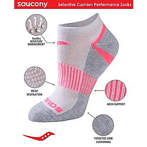 Saucony womens Selective Cushion Performance No Show Athletic Sport (6 & 12 Pairs) Socks, White Assorted Pairs), Shoe Size 5-10 US
