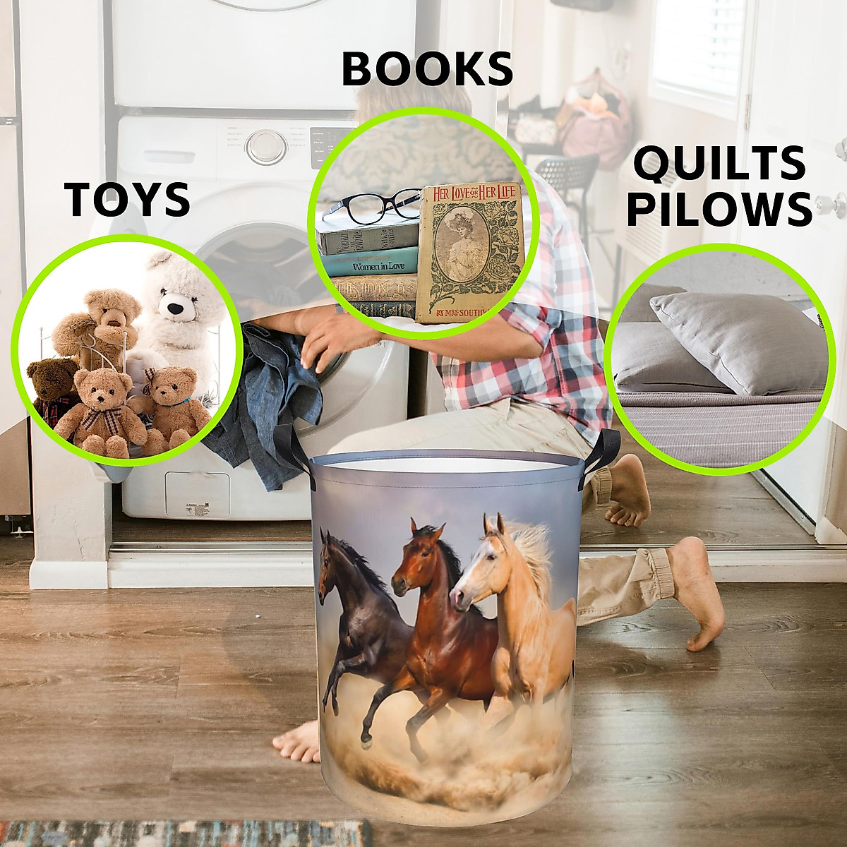 Naqiuli Horse Run Gallop in Sand Laundry Basket Foldable Laundry Hamper Waterproof Oxford Cloth Large Laundry Basket Clothes Storage Bucket Toy Organizer For Bathroom,Laundry,College 17.3 x16.5 Inch