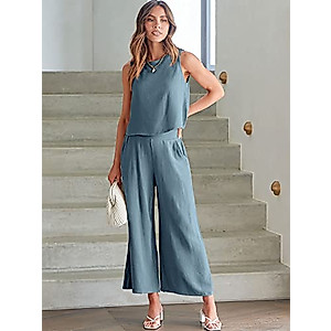 ANRABESS Women's 2 Piece Outfits Summer Sleeveless Tank Crop Button Back Top Cropped Wide Leg Pants Set Matching Loungewear Set Spring Clothes Beach Vacation 546Hulv-M