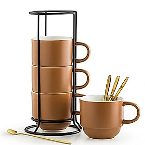 YHOSSEUN 11 Oz Coffee Mug Set Porcelain Stackable Mug with Stand and Metal Spoon - Tea Cups Demitasse Cups for Drinks, Espresso, Latte - Porcelain Stackable Coffee Mugs with Rack Set of 4, Brown