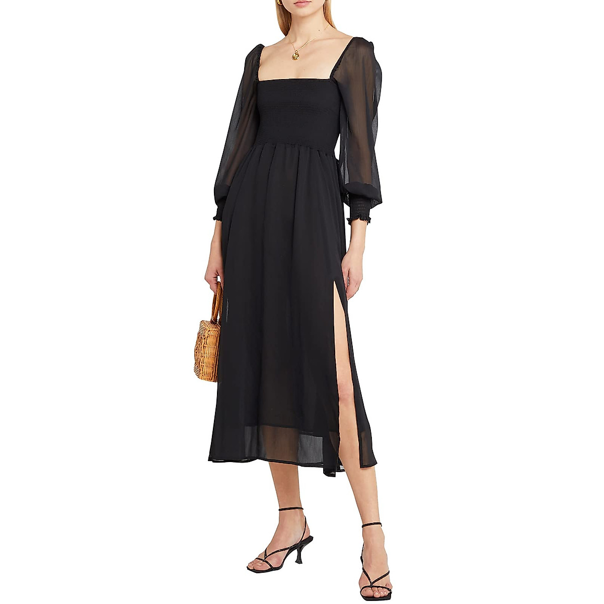 ZAFUL Women Dress Square Neck Off Shoulder Puff Sleeve A Line Smocked Long Sleeve Casual Maxi Black Dress