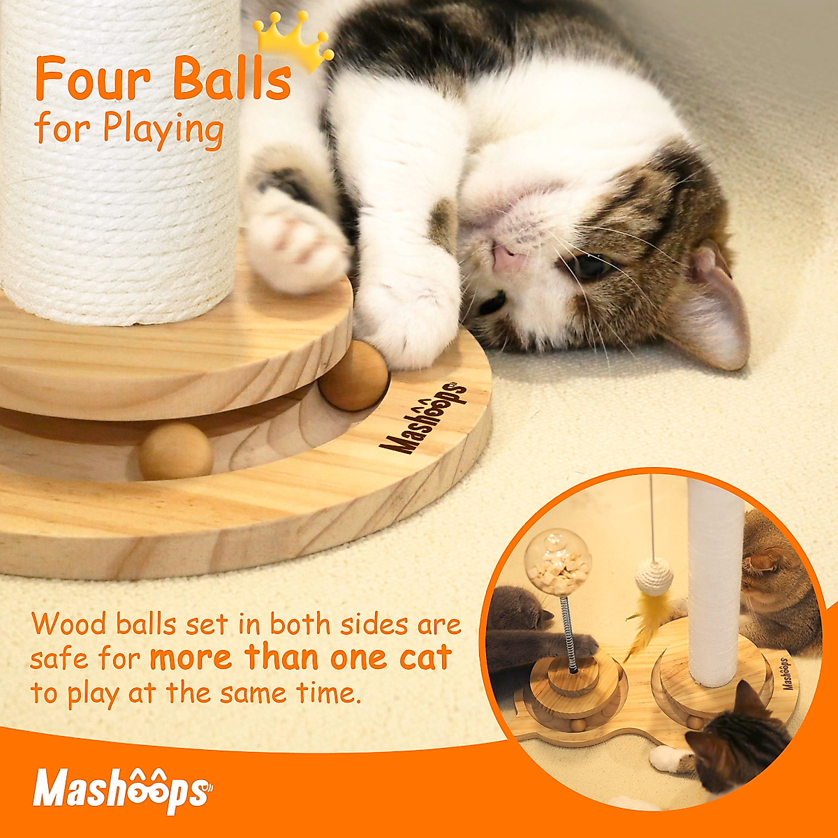 MASHOOPS Cats Scratching Post Cat Scratcher with Treat Dispenser Toy, 4-in-1 Scratching Posts for Indoor Cats with Wooden Ball Track, Interactive Cat Toys