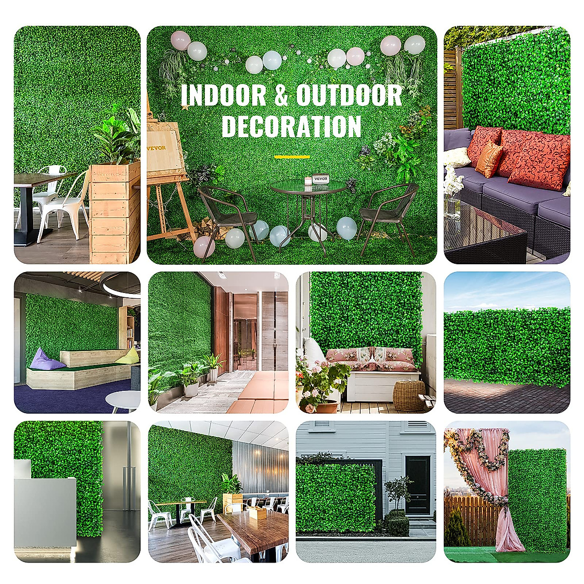 VEVOR Artificial Boxwood Panels 48PCS 10" x 10", UV-Anti Boxwood Hedge Wall Panels, Artificial Grass Backdrop Wall 1.6", Green Grass Wall for Decor Privacy Fence Indoor Outdoor Garden Backyard