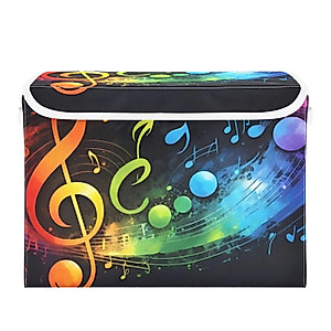 YMGQYJ Storage Cube with Lid Collapsible Rainbow Music Note Print, Large Capacity Foldable Storage Basket Bin Organizer 16.5×12.6×11.8 inches