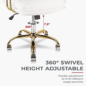KLASIKA Ergonomic Office Desk Chair for Heavy People with Wheels and Arms, Faux Leather Computer Chair for Home Bedroom Office, White Chair Gold Caster