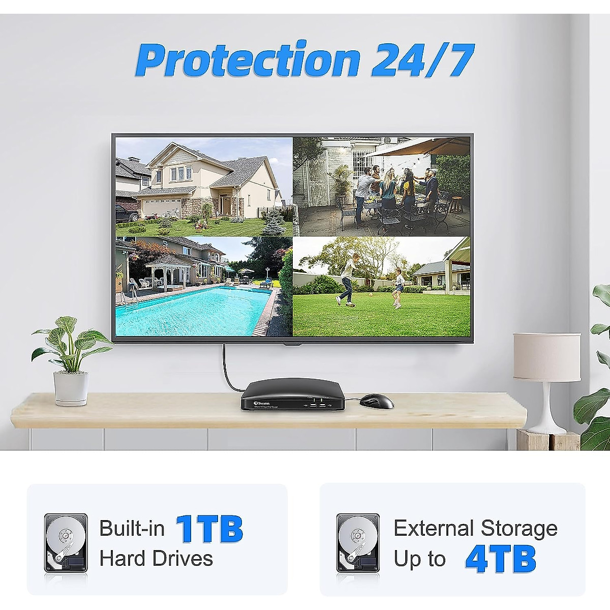 Swann Home DVR Security Camera System with 1TB HDD, 8 Channel 4 Camera, 1080p Full HD Video, Indoor or Outdoor Wired Surveillance CCTV, Heat and Motion Detection, 845804