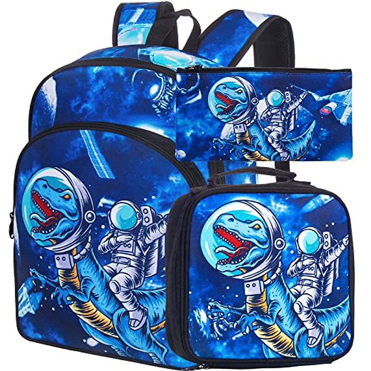 KLFVB 3PCS Dinosaur Backpack for Boys, 16" Kids Bookbag and Lunch Box, Preschool Backpacks for Elementary Students