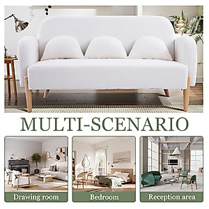 SumKea 59.1'' Teddy Loveseat Sofa, Futon Couch with Three Lumbar Pillows, Small Sofa Couch for Living Room, Apartment, Office, White