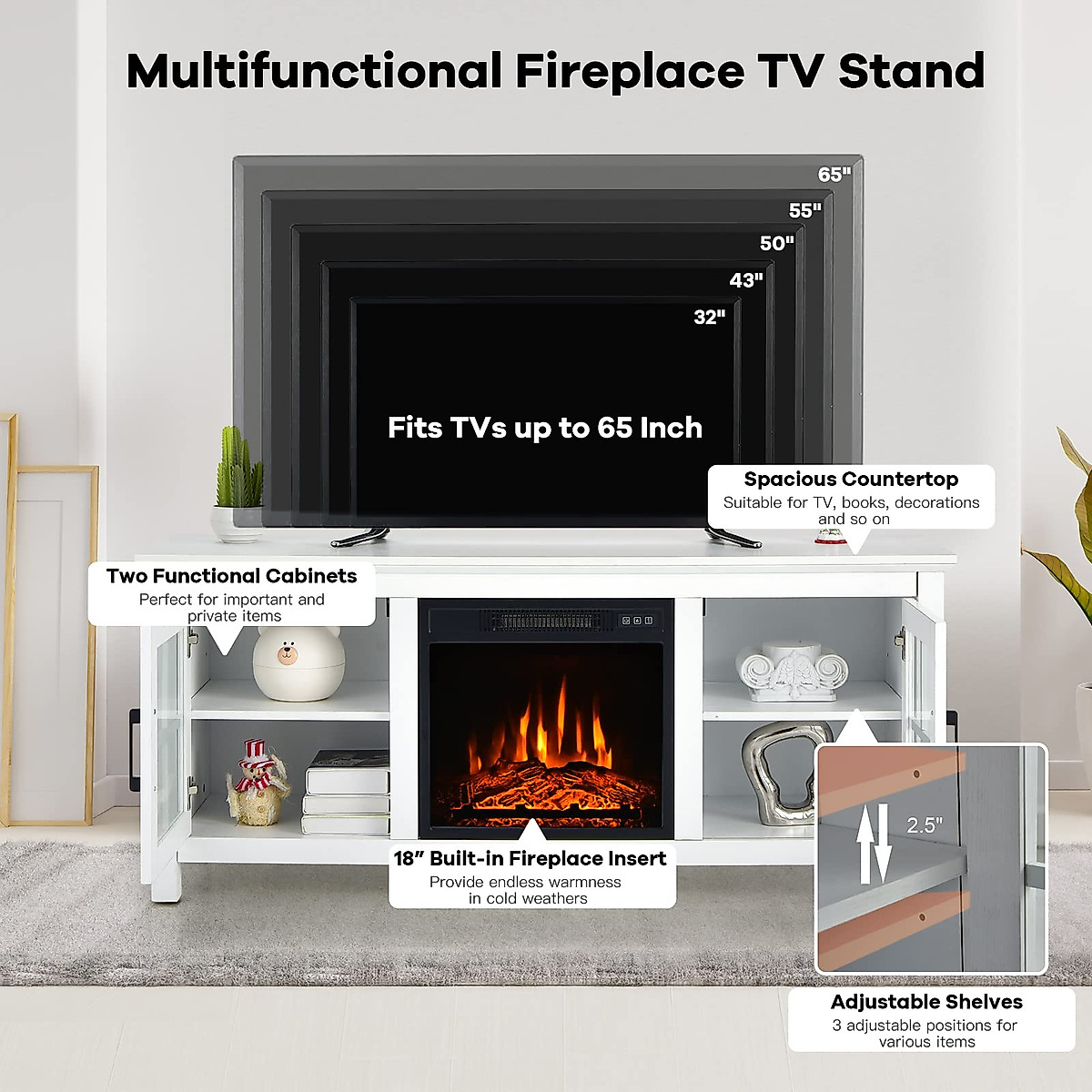 Tangkula Electric Fireplace TV Stand for TVs Up to 65 Inch, Fireplace TV Console w/Remote Control, 3-Level Adjustable Brightness, Overheat Protection, TV Entertainment Center w/Fireplace Insert