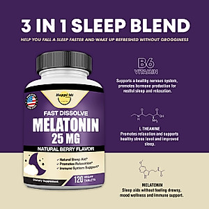 Happi Mi Nutrition Melatonin 25mg, Extra Strength with L-Theanine & Vitamin B-6, Fast Dissolve Tablets, Sleep Support, Relaxation, Restful Sleep, Drug Free, Natural Berry Flavor, 120 Chewable Tablets