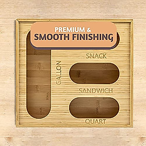 Bhouma - Ziplock Bag Drawer Organizer with Sliding door, Bamboo Kitchen Drawer Organizer, Drawer Divider for Quart, Snack, Sandwich & Gallon Bags, Kitchen Organizer, 15x15 inch, Rounded Interiors