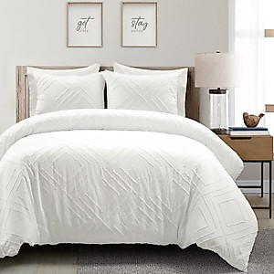 Lush Decor Diamond Clip Jacquard Duvet Cover 3 Piece Set, King, White