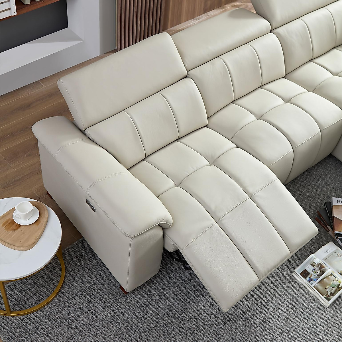 TURRIDU Oversized Genuine Leather L Shaped Sofa, Modern Electric Control Seat 3-Seater Couch with USB Interface, Power Recliner, Reclining Sectional Sofa with Console& Single Left Recliner, Beige