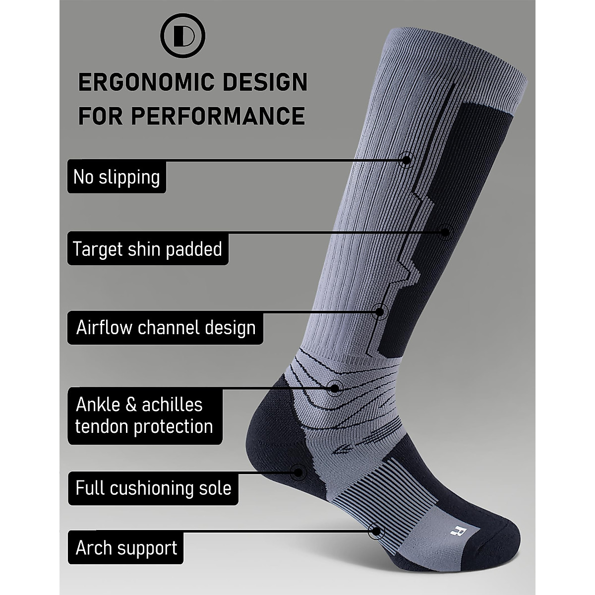SITOISBE Men's Ski Socks Merino Wool (Pack of 2) for Skiing, Snowboarding, Snow Boots, Winter Warm, Toe Thermal, Shin Padded, Comfy Cushion, Knee High, Cold Weather Long Socks, X-Large, Grey
