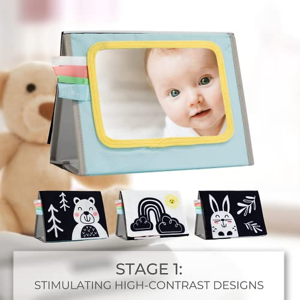 Soft Tummy Time Book with Large Stimulating Baby Safe Mirror - Fun High Contrast Montessori Toy w/ Mirror, Crinkle Paper & Silicone Teether - The Perfect Toy For Safe Early Newborn/Infant Development