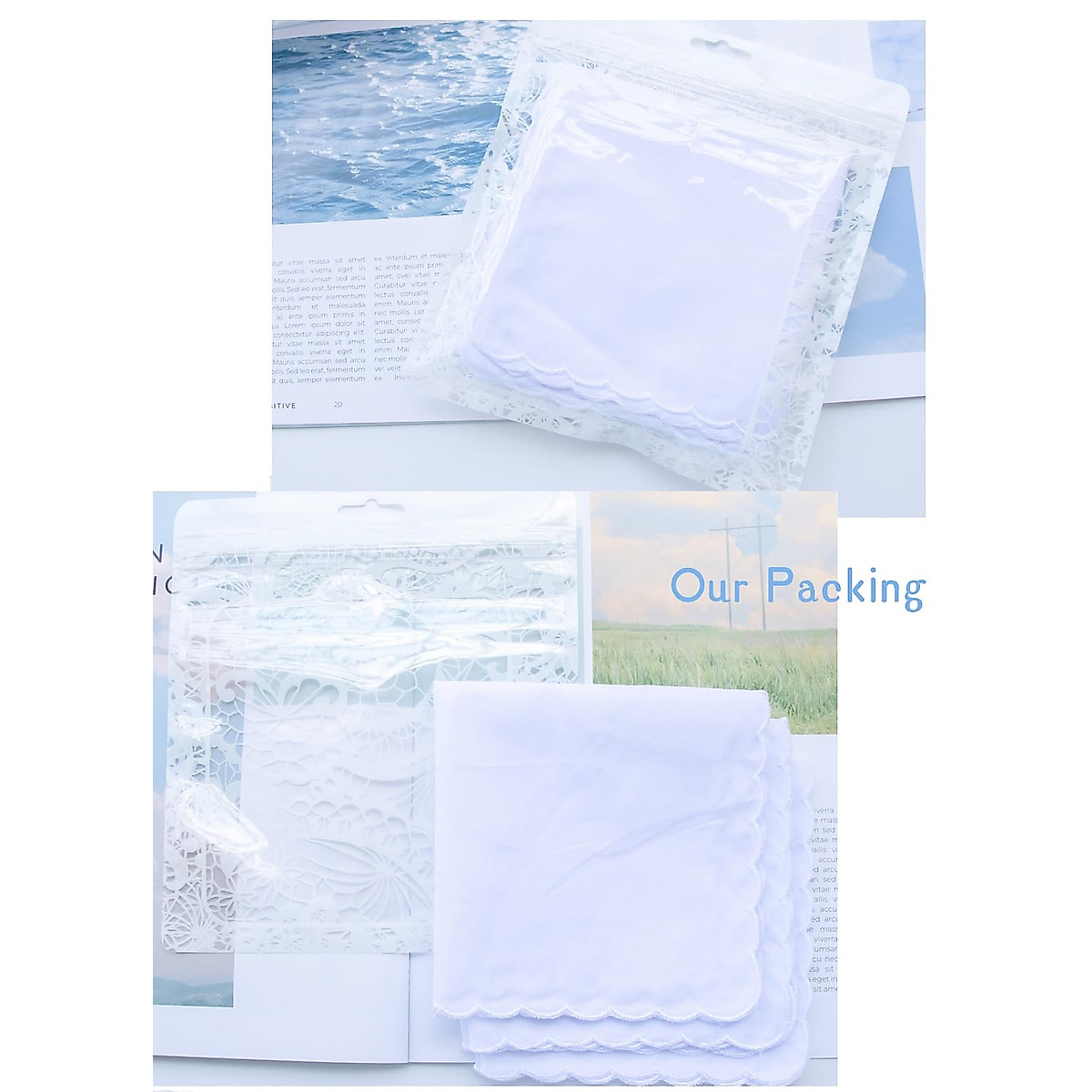 CoCoUSM White Handkerchiefs Premium 60s Cotton scalloped Hankies 11 Inches