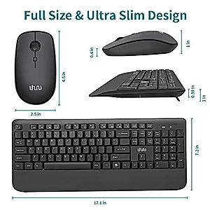 Wireless Keyboard and Mouse Combo, UHURU 2.4GHz Ergonomic Computer Keyboard with Wrist Rest, 3 Level Adjustable DPI Mouse with Mouse Pad for PC, Laptop, Windows XP/7/8/10(Black)