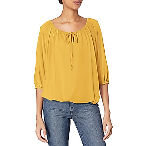 Star Vixen Women's 3/4 Sleeve, Front Tie Peasant Top, Mustard, X-Large