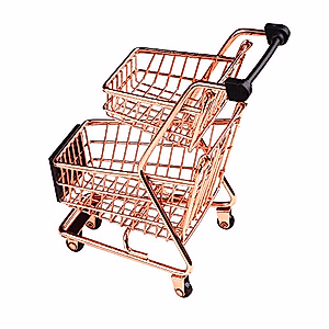Wowagoga Mini Metal Shopping Cart Supermarket Handcart Trolley, Table Office Novelty Decoration, Creative Storage Tools (Rose Gold, Double-Deck)