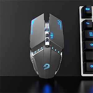 TENMOS T12 Wireless Gaming Mouse Rechargeable, 2.4G Silent Optical Wireless Computer Mice with Changeable LED Light for Laptop PC, 7 Buttons, 3 Adjustable DPI (Grey)