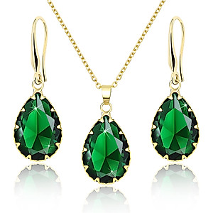 Linawe Emerald Crystal Jewelry Sets for Women, Gold Pendant Necklace Set, Green Diamond Drop Dangle Earrings Set, Boho Rhinestone Matching Jewelry for Wedding Bridal Bridesmaid