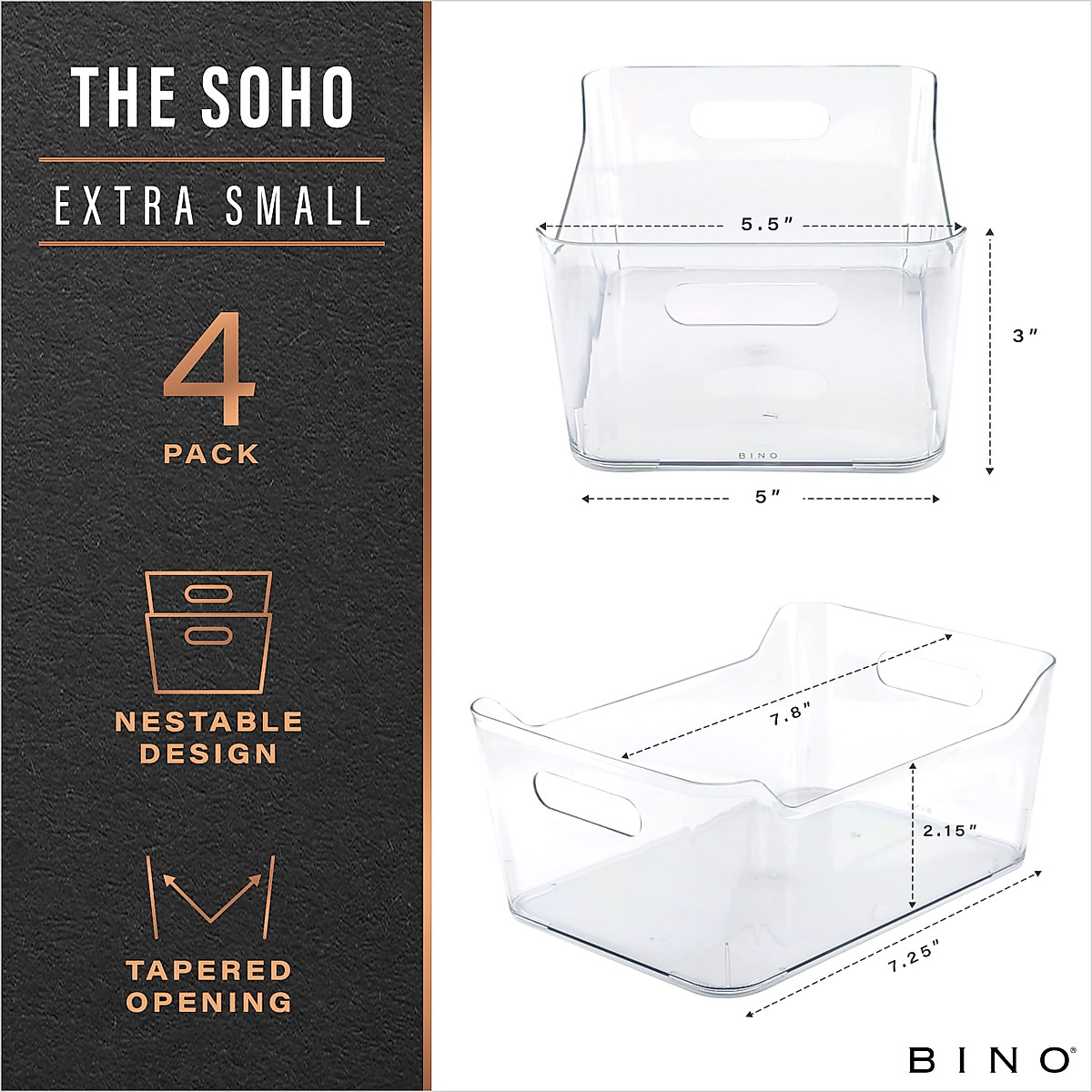 BINO | Plastic Organizer Bins, X-Small - 4 Pack | THE SOHO COLLECTION | Multi-Use Organizer Bins | Pantry Organizer & Freezer Organizer Bins | Plastic Storage Containers | Bins for Home & Kitchen Org