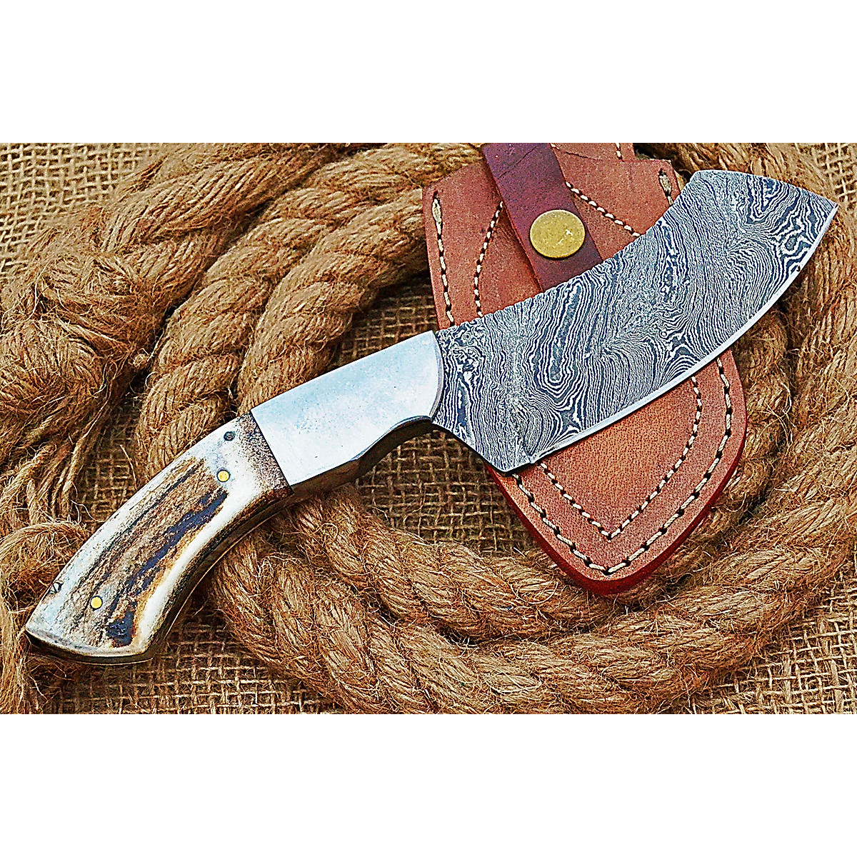 HUNTEX Handmade Hand-Forged Twist Pattern Damascus Steel 9 Inch Long Full Tang Natural Deer Antler Handle Razor Sharp Hunting Camping Cleaver Knife w/Genuine Leather Sheath