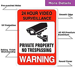 Olodeer 4 Pack Private Property No Trespassing Warning Sign,10x7 Inches 0.4 Aluminum Anti-Rust, 24 Hours Video Surveillance Warning Signs Outdoor Use
