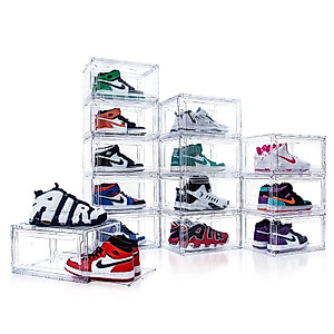 AOHMPT Upgraded 12 Pack Shoe Box,Acrylic Clear Shoe Boxes,Drop Front Shoe Storage Box,Clear Plastic Stackable Sneaker Box,Shoe Containers,Shoe Display Case,Sneaker Storage,Fits Up to Size 15