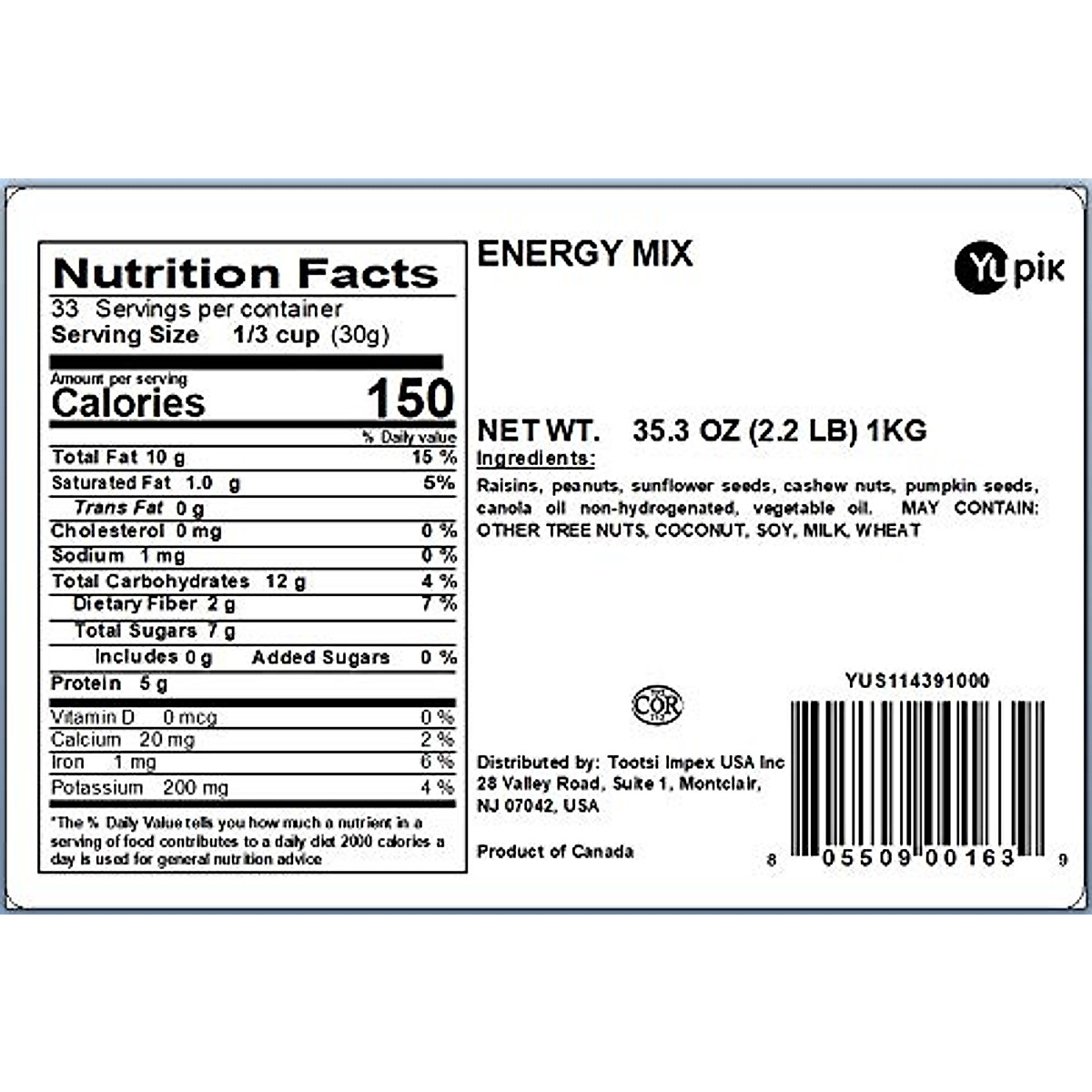 Yupik Energy Trail Mix, 2.2 lb, A mix of peanuts, cashews, sunflower seeds, and pumpkin seeds (Pack of 1)