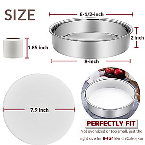 E-far 8 Inch Cake Pan Set of 2, Stainless Steel Round Layer Cake Baking Pans with Parchment Rounds & Side Liner Roll, Non-Toxic & Healthy Metal Cakes Tin, Straight Side & Dishwasher Safe