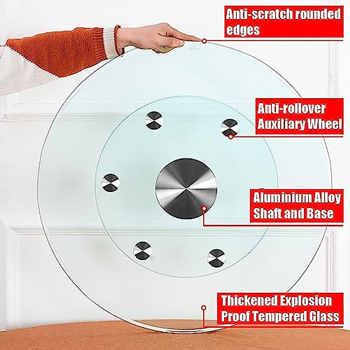 Yesbon Tempered Glass Lazy Susan Round Turntable 360° Rotating Dining Table Tempered Glass Table Top Lazy Susan Transparent Serving Tray with 6 Anti-tilt Wheels,90cm