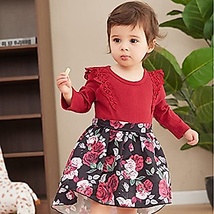 OPAWO Newborn Infant Baby Girl Dress Ribbed Bodysuit Romper Dress Long Sleeve Floral Girl Dresses Fall Winter Clothes(Burgundy,3-6 Months)