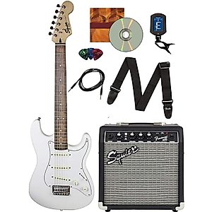 Fender Squier 24-Inch Short Scale Strat Pack - Transparent Red Bundle with Frontman 10G Amplifier, Tuner, Instrument Cable, Strap, Picks, Online Lessons, and Austin Bazaar Instructional DVD