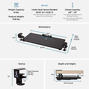Stand Steady Premier Clamp-On Keyboard Tray | Extra Large 27-Inch Keyboard Shelf for Ergonomic Typing | Heavy Duty Wood Tray & Metal Frame | Sliding Desk Tray & Under Desk Drawer (Black) 