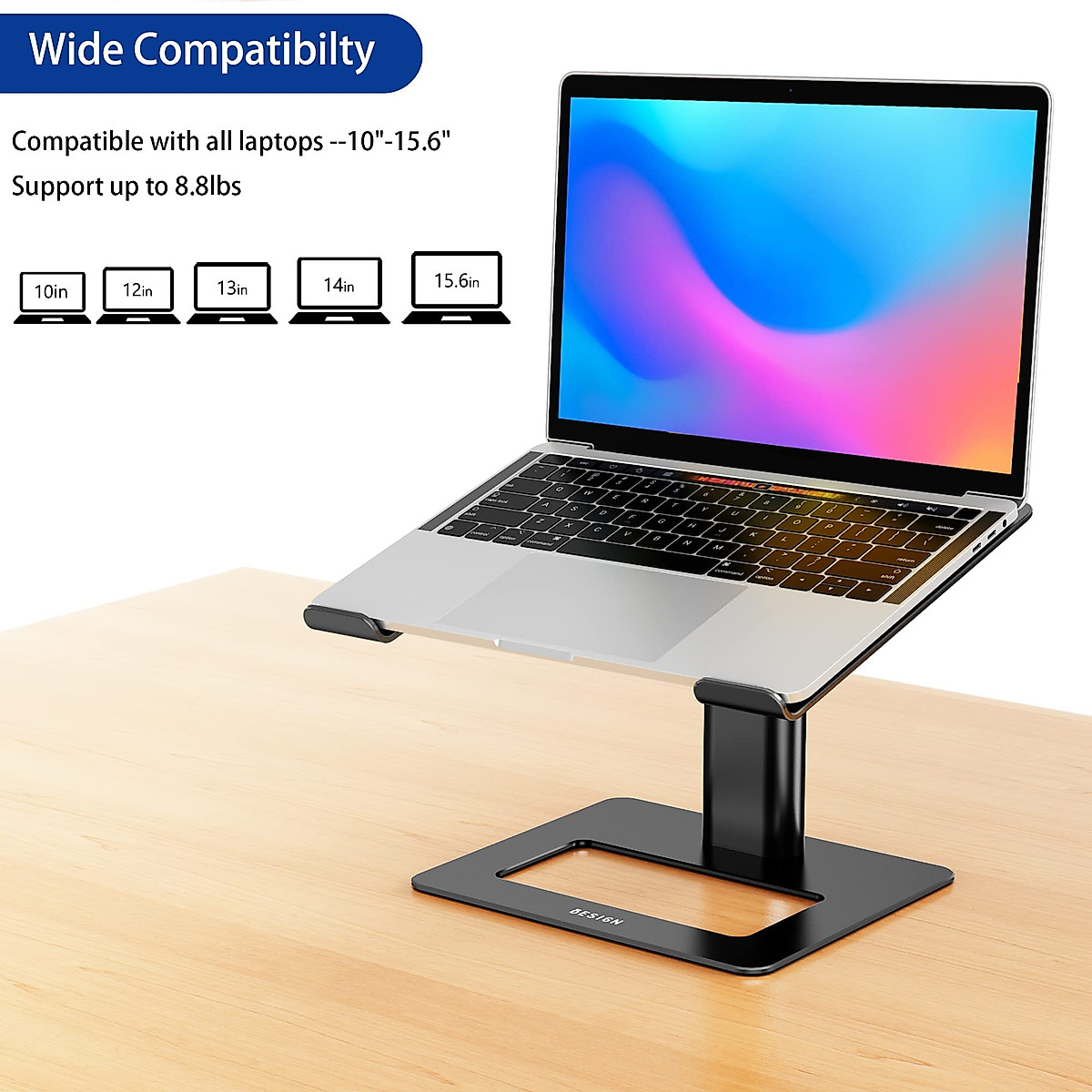 BESIGN Aluminum Laptop Stand, Ergonomic Adjustable Notebook Stand, Riser Holder Computer Stand Compatible with Air, Pro, Dell, HP, Lenovo More 10-15.6" Laptops (Black)