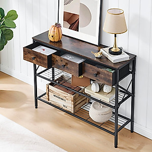 FAVOOSTY Narrow Console Table with 3 Fabric Drawers-39.8" Industrial Entryway Table with 3-Tier Storage Shelves, Thin Sofa Table for Living Room, Hallway, Entry Way, Foyer, Kitchen, Rustic Brown&Black