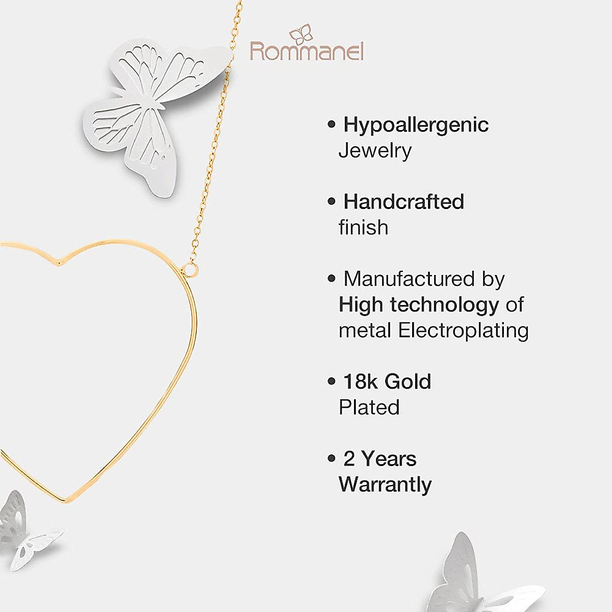Rommanel Elegant 18K Gold Plated Heart Necklace for Women, Lightweight Maxi Pendant, 50cm Adjustable Chain