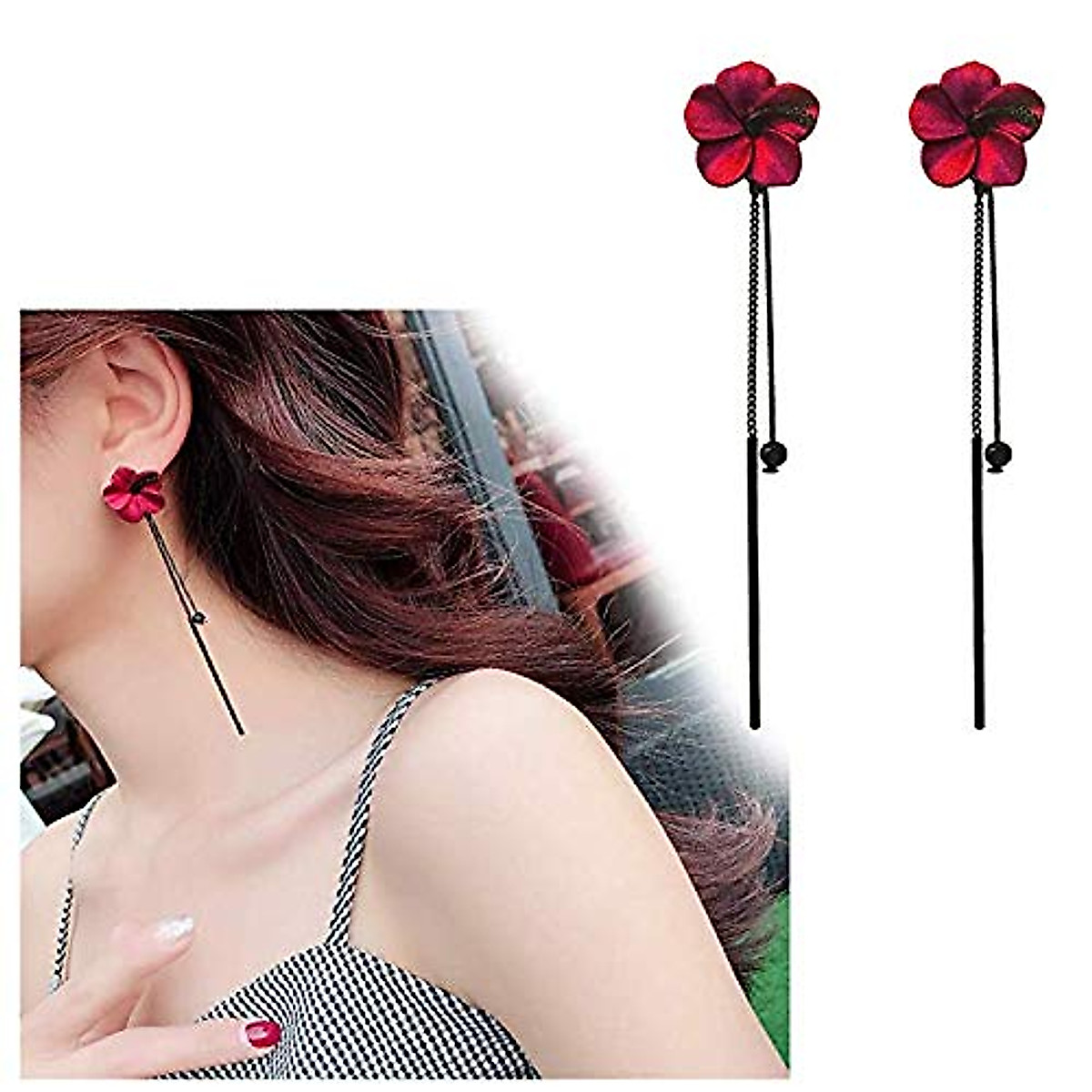 Trendy Red Green Poppy Flower Black Long Line Bar alloy Tassel Earrings for Women Charm Drop Dangle Earring Jewelry (Red)