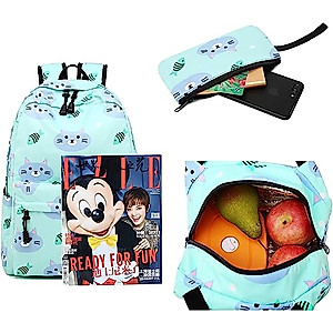 Backpack for School Girls Kids Bookbag Set Water Resistant School Bag with Insulated Lunch Bag (Cat-Water Blue)