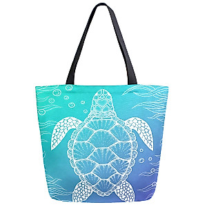 ZzWwR Chic Underwater Sea Turtle Seaweed Print Extra Large Canvas Beach Travel Reusable Grocery Shopping Tote Bag Portable Storage HandBag,Turquoise