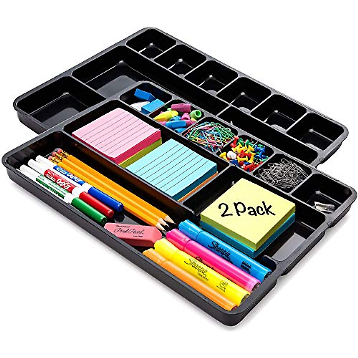 Desk Drawer Organizer Tray with 9 Storage Compartments - For Home and Office - Perfect Organizing Pens, Pencils, Paper Clips, Sticky Notes and all your Supplies - 2 Pack
