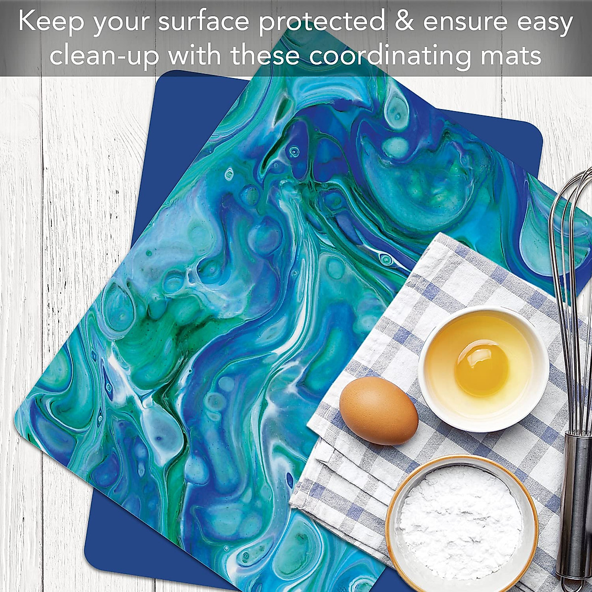 Cut N' Funnel Blue Fluidity/Royal Blue 2 Pack Designer Flexible Plastic Cutting Board Mat With Coordinating Solid Flex Mat 15" x 11.5", Made in the USA, Decorative, Flexible, Easy to Clean