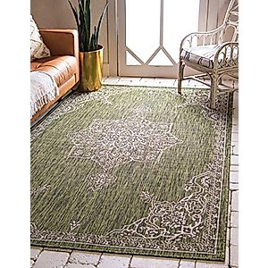Unique Loom Collection Traditional Classic Heathered Center Medallion Indoor/Outdoor Flatweave Area Rug, Rectangular 5' 0" x 8' 0", Green/Gray