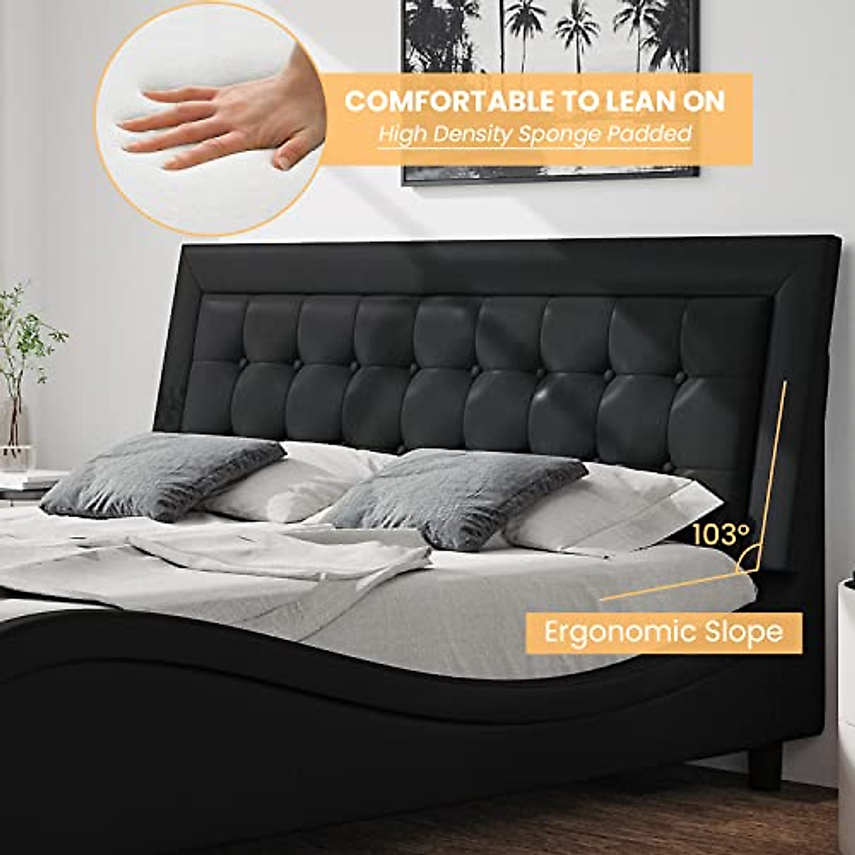 SHA CERLIN King Size Box-Tufted Platform Bed Frame/Faux Leather Upholstered Bed Frame with Adjustable Headboard/Wood Slat Support/Wave-Like Modern Bed/Low Profile/Black