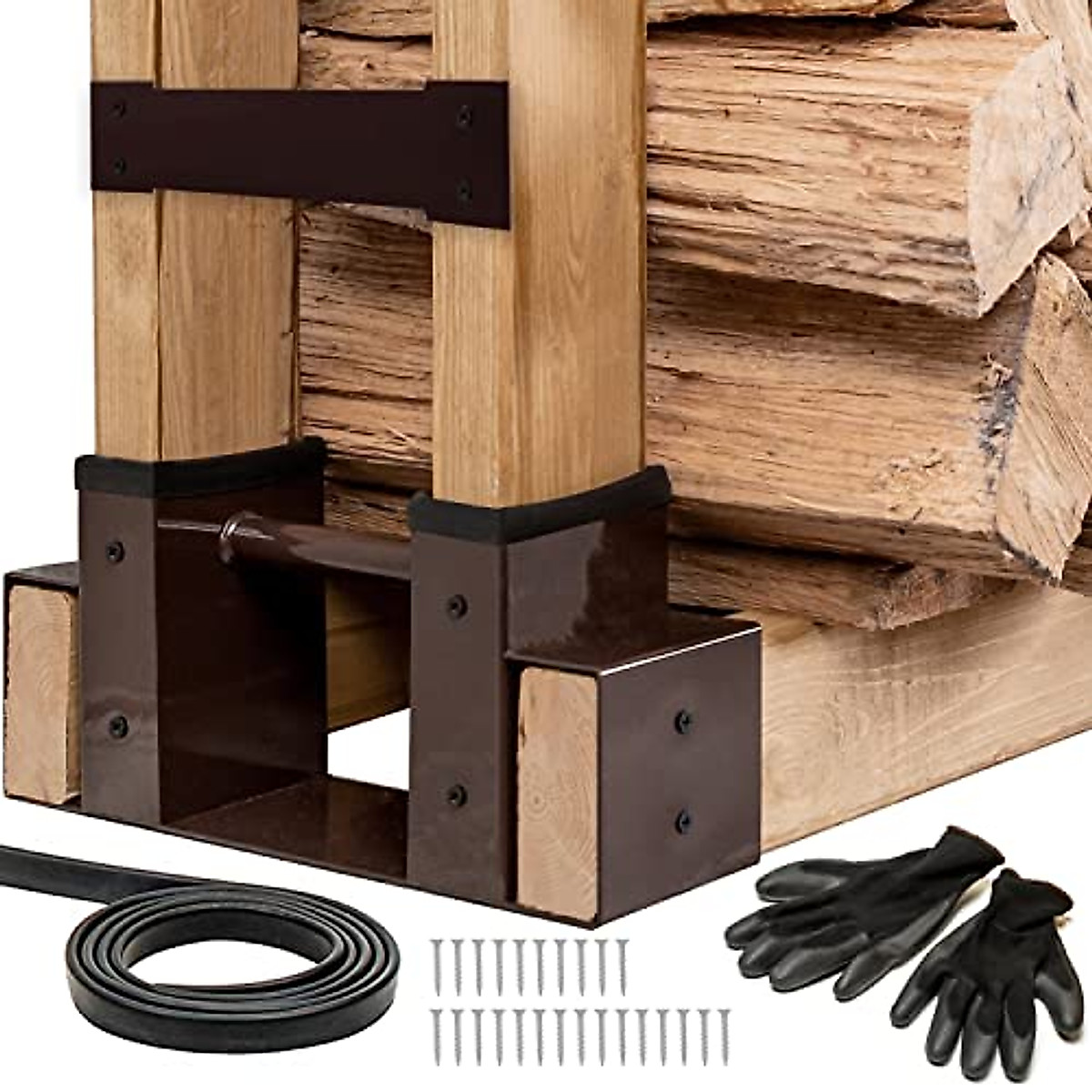 Tidyboss Outdoor Firewood Log Storage Rack | 2x4 Bracket kit | Adjustable to Any Length with Seal Strip, Gloves, Steel Plates and Screws (Dark Brown)