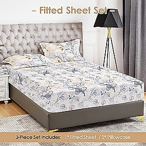 YIYEA Queen Fitted Sheet with Pillowcase - Plant Print - Premium 1800 Thread Count Brushed Microfiber Queen Size Fitted Sheet - 16" Deep Pocket, Ultra Soft, Shrinkage and Fade Resistant (Queen)