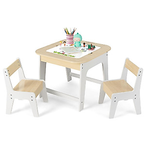 HONEY JOY Kids Table and Chair Set, 3-in-1 Children Wooden Activity Table and 2 Chairs for Art Craft, Reversible Blackboard, 3 PCS Toddler Furniture with Storage, Gift for Boys Girls (Natural)