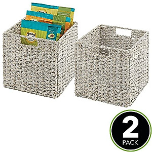 mDesign Seagrass Woven Cube Storage Bin Basket Organizer with Handles for Kitchen Pantry, Cabinet, Cupboard - Shelf and Cubby Organization, Holds Food, Drinks, Snacks, Appliances - 2 Pack - White Wash